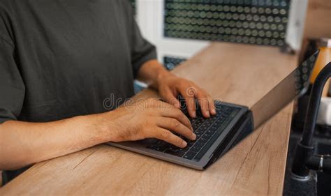 Close Up Of Male Hands Typing On Keyboard Of Modern Laptop Stock Image Image Of Internet