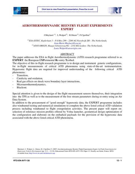 Pdf Aerothermodynamic Reentry Flight Experiments Expert