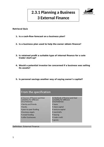 Edexcel A Level Business Theme 2 25 External Finance Teaching Resources