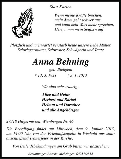 Traueranzeigen Von Anna Behning Trauer Anzeigen De