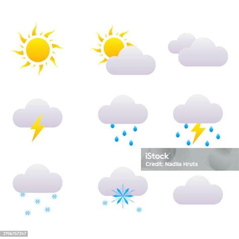 날씨 아이콘 집합입니다 태양 구름 눈송이 바람 비 온도 등의 아이콘이 포함되어 있습니다 벡터 일러스트 레이 션 0명에 대한 스톡 벡터 아트 및 기타 이미지 Istock