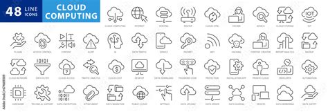 Cloud Computing Thin Line Icons Set Cloud Services Server Cyber Security Digital