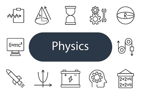 물리 연산 세트 아이콘입니다 웨이브 원뿔 모래 시계 기어 구체 방정식 로켓 그래프 배터리 머리 수식 실험 역학 계산 과학 검사