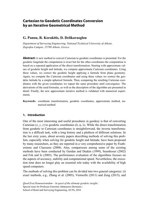 Pdf Cartesian To Geodetic Coordinates Conversion By An Iterative Geometrical Method
