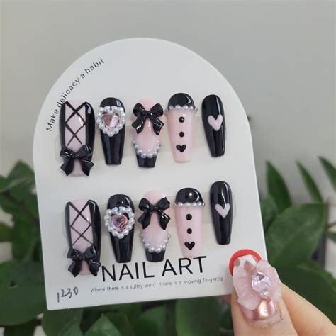 당일발송 양산형 지뢰계 발레코어 블랙 핑크 리본 인조손톱 수제 네일팁 에이블리