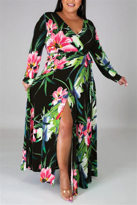 Wholesale Yellow Fashion Sexy Plus Size Print Slit V Neck Printed Dress