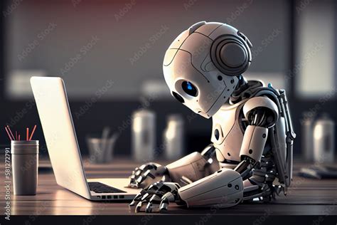 Cute Robot Working With Laptop Ai Robot Concept Generative Ai Stock