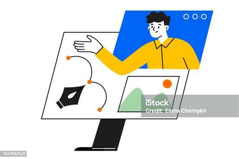 웹 디자인 비디오 과정 디지털 직업의 온라인 교육 손으로 그린 구성 화면의 교사가 일러스트레이션 컴퓨터 드로잉을 만듭니다 공부에