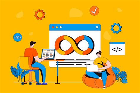 플랫 2d 디자인의 Devops 웹 개념 남성과 여성 개발자는 팀으로 함께 작업하고 제품 프로그래밍에 대한 개발 및 공동 작업
