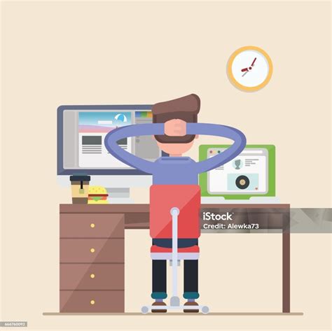 노트북 컴퓨터에서 작업 하는 사람이 휴식 하기로 결정 했습니다 사업가 테이블 차 한 잔과 햄버거 벽 시계에의 자에 앉아 개념과 주제에 대한 스톡 벡터 아트 및 기타 이미지