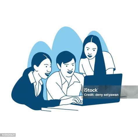 플랫 스타일 벡터 일러스트 레이 션 컴퓨터와 함께 작업하는 사람들의 다양한 팀 3 명에 대한 스톡 벡터 아트 및 기타 이미지 3 명 가리키기 개념 Istock