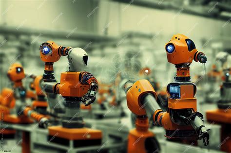 글로벌 생산의 현대 공장 산업용 로봇 로봇 팔 기술 진화의 3d 내부 조립 라인 프리미엄 사진