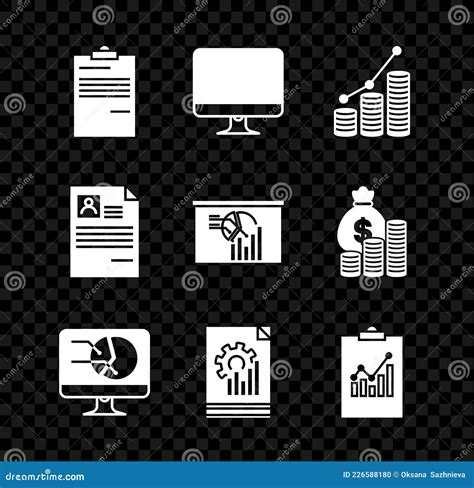Set Document Computer Monitor Screen Pie Chart Infographic And Coin With Clipboard Resume