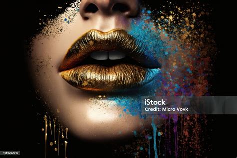 검은 배경에 황금색을 가진 소녀 얼굴 황금 입술 3d 그림입니다 검은색에 대한 스톡 사진 및 기타 이미지 검은색 금색 메이크업 화장품 Istock