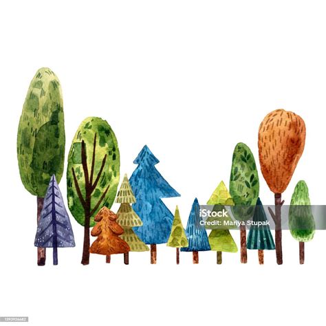 수채화 숲 그림 색깔있는 나무 귀여운 전나무와 가문비 나무 큰 참나무 동화 속 여름 숲 Ppicture의 간단한 스타일 손으로 그린 만화 스타일 초대 카드 나무 컬렉션