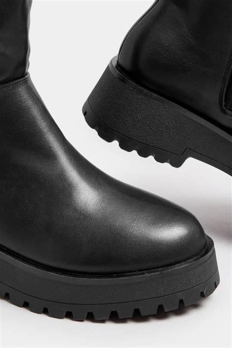Black Faux Leather Chunky Knee High Boots In Wide E Fit And Extra Wide Eee Fit Yours Clothing