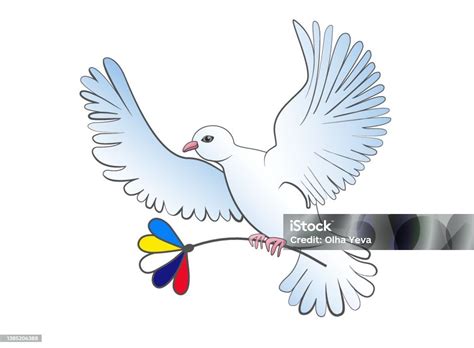 평화의 비둘기 비둘기는 러시아와 우크라이나의 국기의 색상에 꽃을 보유하고있다 러시아와 우크라이나 사이의 충돌 흰색 배경에 격리된 스톡 벡터 그림 개념에 대한 스톡 벡터 아트