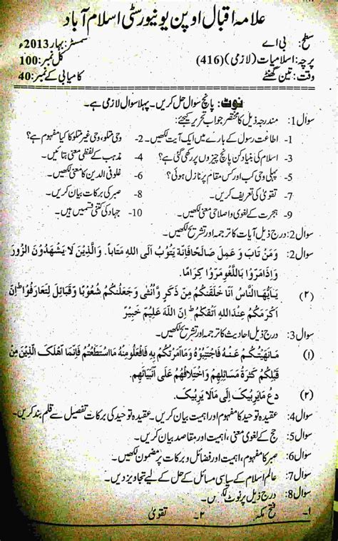 Aiou Ba 416 Past Papers Islamiat Lazmi 2025 Aiou Tutor