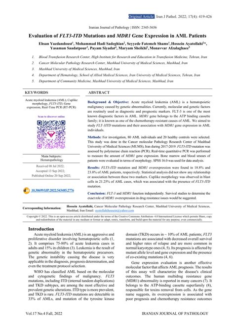 Pdf Evaluation Of Flt3 Itd Mutations And Mdr1 Gene Expression In Aml Patients