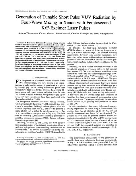 Pdf Generation Of Tunable Short Pulse Vuv Radiation By Four Wave Mixing In Xenon With
