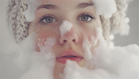 A Close Up Of A Woman S Face Covered In Soap Bubbles Premium Ai Generated Image