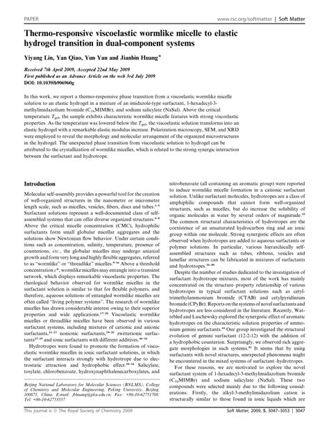 Pdf Thermo Responsive Viscoelastic Wormlike Micelle To Elastic Hydrogel Transition In Dual