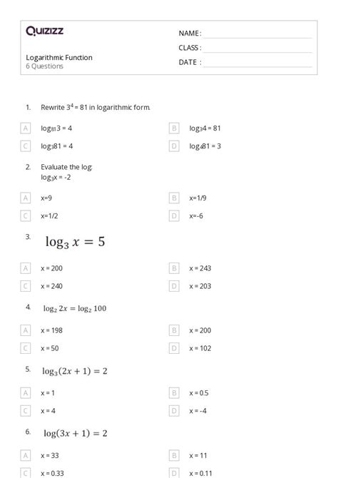 50 Derivatives Of Logarithmic Functions Worksheets For 10th Year On