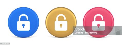 Open Lock Button Cyberspace Password Security Protection Service 3d Realistic Circle Icon Stock