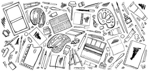 손으로 그린 스케치 벡터 아티스트 자료의 벡터 집합입니다 흑백 그림 및 그리기 도구 그림 양식 브러쉬 튜브 팔레트