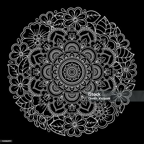 색칠 공부 책 페이지에 대한 멘디 스타일의 둥근 꽃 패턴을 윤곽 성인과 어린이를위한 안티 스트레스 흑백의 낙서 장식 손 그리기 벡터 그림 강렬하고 밝은 색상에 대한 스톡