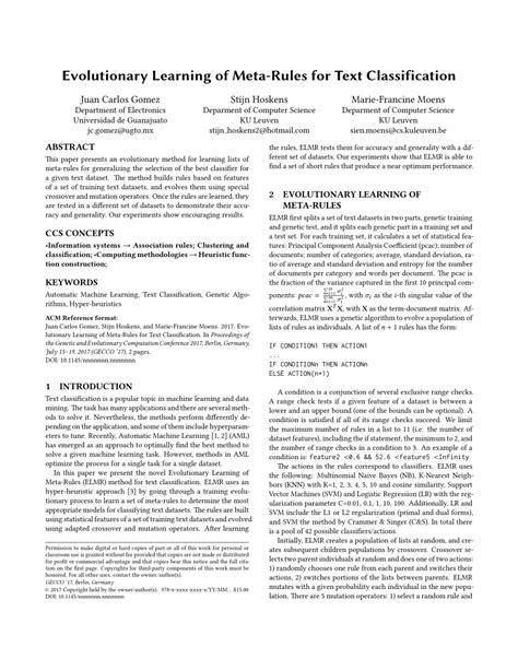 Pdf Evolutionary Learning Of Meta Rules For Text Classification