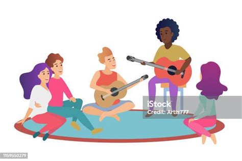주말 만화 벡터 일러스트레이션에서 함께 시간을 보내는 동안 쾌활한 젊은 친구의 그룹은 기타를 연주하고 노래를 노래 건강관리와