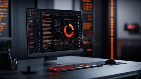 Modern Computer Setup With Screen Displaying Data Analytics On Dark Workspace Stock Illustration