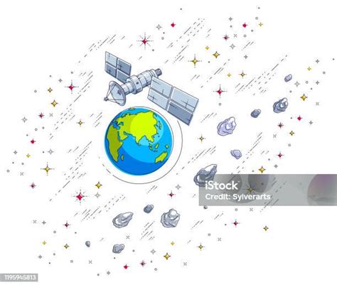 지구 주위를 도는 위성 우주 비행 태양 전지 패널과 위성 안테나 플레이트통신 우주선 우주 정거장 별과 다른 요소로 둘러싸여 벡터 0명에 대한 스톡 벡터 아트 및 기타 이미지