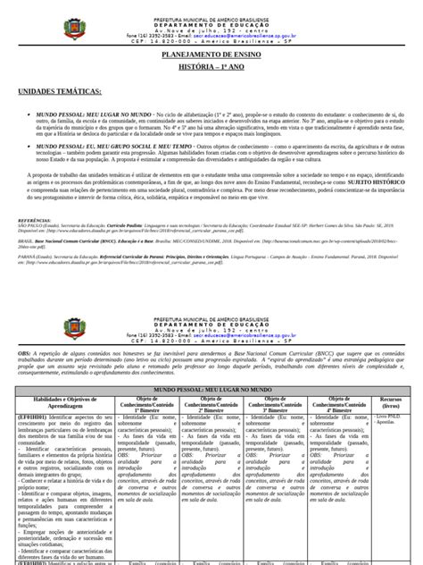 Plano De Historia 1 Ano Pdf
