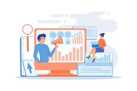 마케팅 전략가 및 메가폰 및 디지털 장치를 갖춘 콘텐츠 전문가 디지털 마케팅 팀 마케팅 팀 전략 개념 플랫 벡터 현대 일러스트