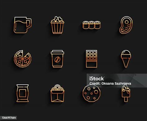 세트 라인 가방 또는 패킷 감자 칩 상자에 국수 나무 맥주 잔 쿠키 비스킷 아이스크림 커피 컵 이동 와플 콘과 초콜릿 바 아이콘