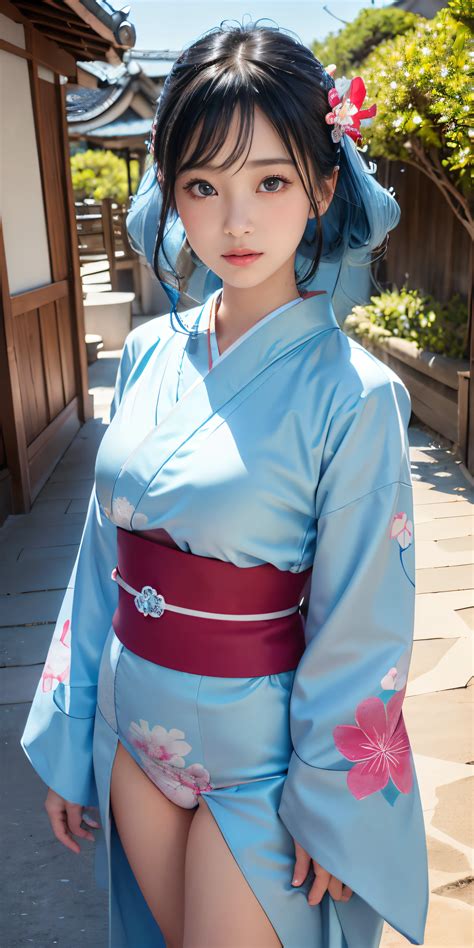 파란 기모노를 입은 여성이 사진을 찍고 있습니다 Seaart Ai