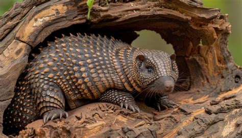 Armadillo Resting In Log Shelter During The Day In Natural Habitat With