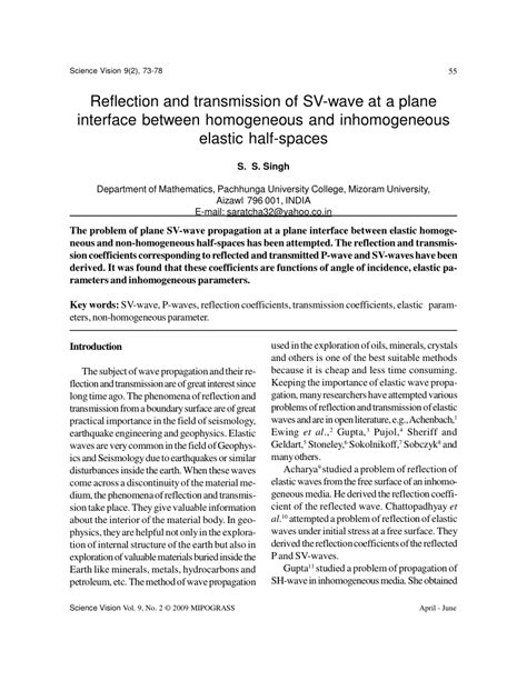 Pdf Reflection And Transmission Of Sv Wave At A Plane Interface