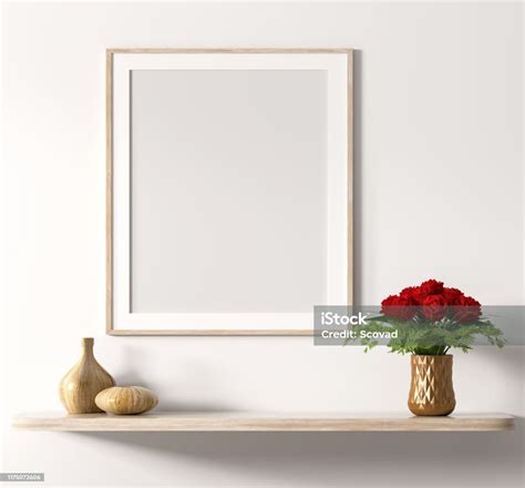 흰색 벽 3d 렌더링 위에 꽃의 포스터와 꽃다발 선반 꽃병에 대한 스톡 사진 및 기타 이미지 꽃병 장미 칸 가구 Istock