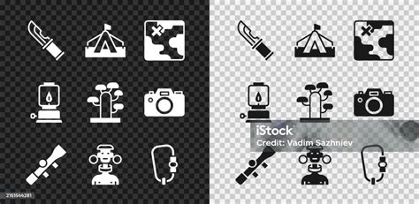 헌터 나이프 관광 텐트 아프리카 사파리 지도 스나이퍼 광학 조준경 아프리카 부족 남성 카라비너 캠핑 랜턴 및 나무 아이콘을 설정합니다 벡터 0명에 대한 스톡 벡터 아트 및