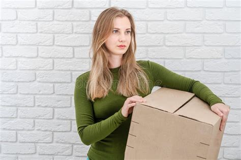 Attractive Woman Holding Parcel Box Delivering A Parcel Stock Image Image Of Holding