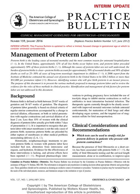 2016 Acog Management Of Preterm Labor Interim Update The American