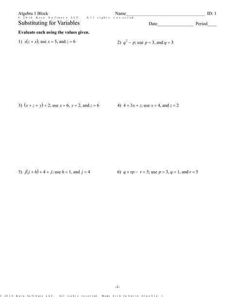 Substituting Variables Worksheet