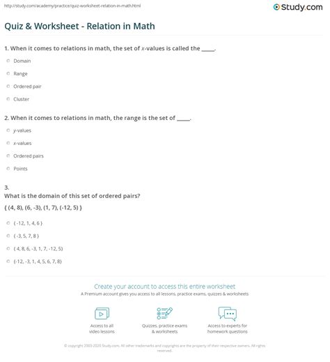 quiz and worksheet relation in math