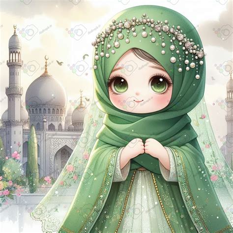 بک گراند کودکانه دختر ناز با حجاب با لباس سبز با پس زمینه مسجد کد 41900 ویژه عکس گراف عکس گراف