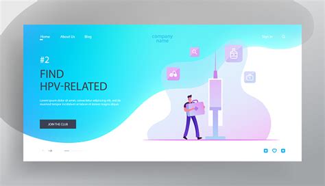 Hpv 인간 유두종 바이러스 감염 예방 및 백시온 웹 사이트 방문 페이지 남자는 거대한 주사기 웹 페이지 배너에서 악기와 도구와 의료 상자를 수행 만화 플랫 벡터 일러스트
