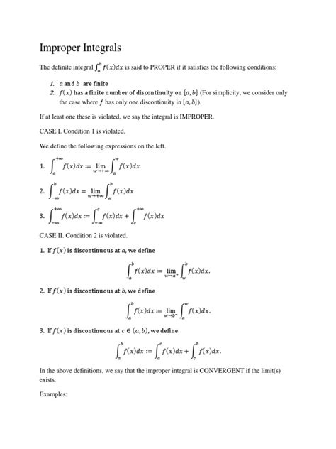 Improper Integrals Pdf Integral Limit Mathematics