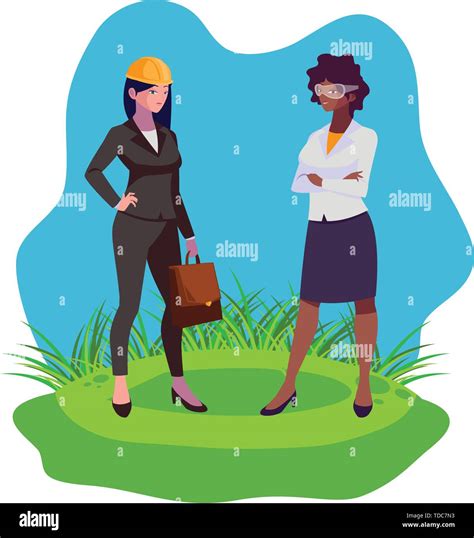 Interracial Female Engineers Workers Characters On The Lawn Vector Illustration Stock Vector